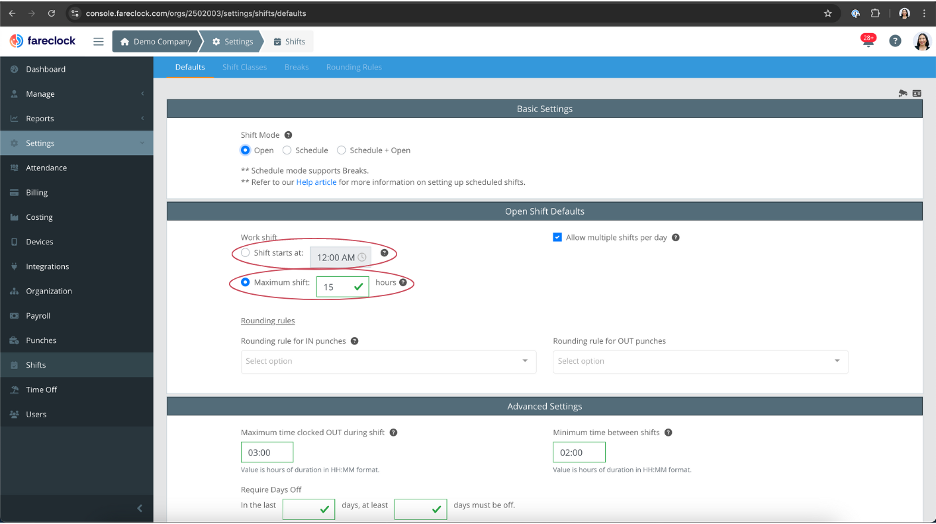 Open-Shift Defaults Setup – Fareclock Support