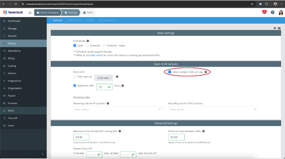Open-Shift Defaults Setup – Fareclock Support