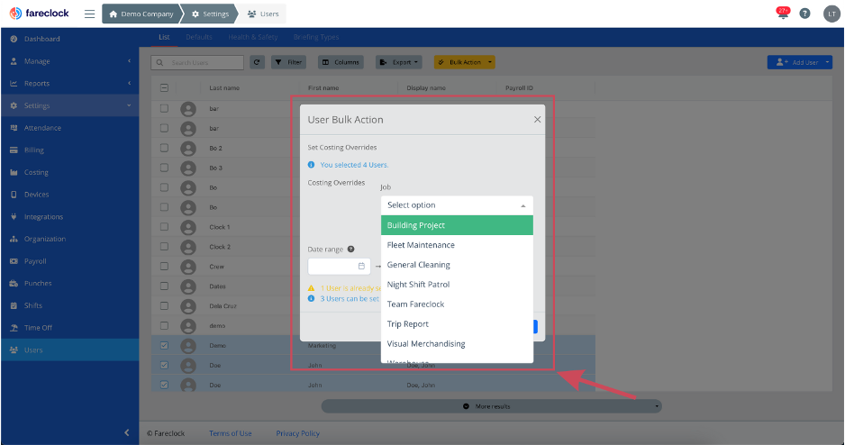 User Bulk Action – Fareclock Support