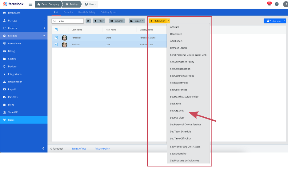 User Bulk Action – Fareclock Support