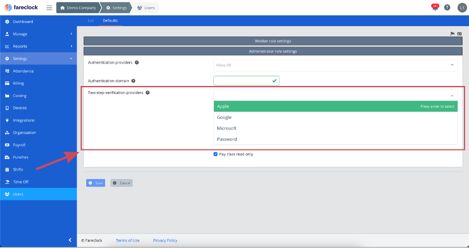 Available Login Security Features – Fareclock Support